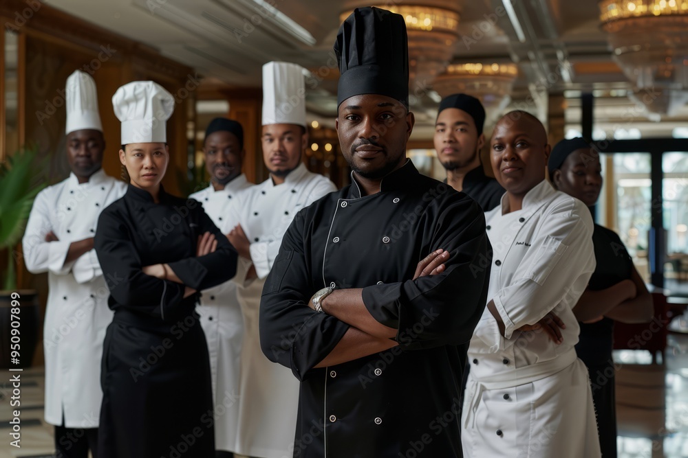 Confident chefs and restaurant staff posing together, showcasing ...