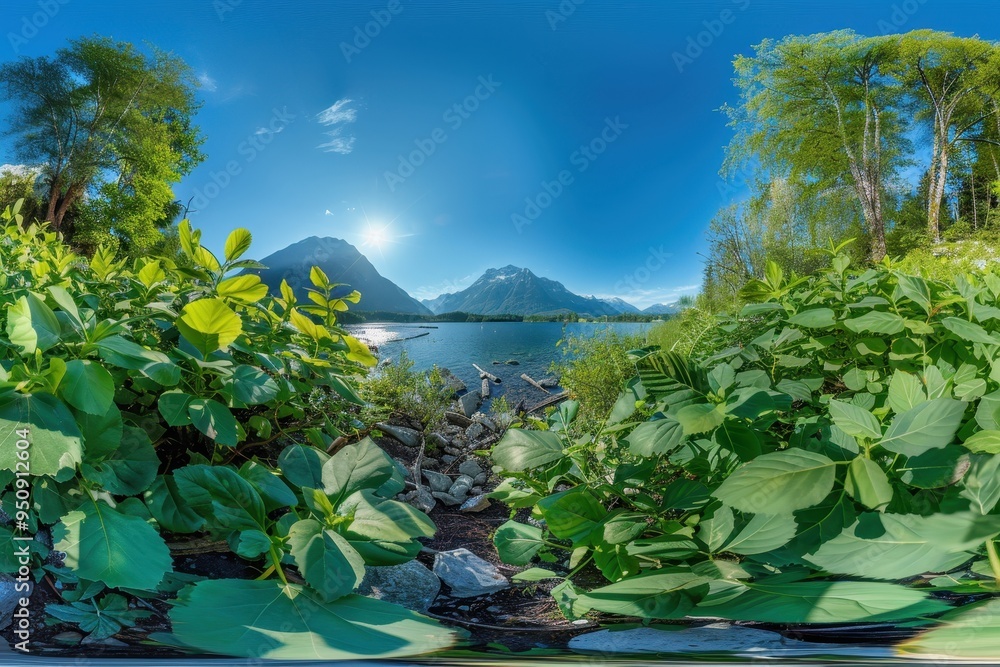 360 degree HDR panorama in forest by river lake in mountains ...