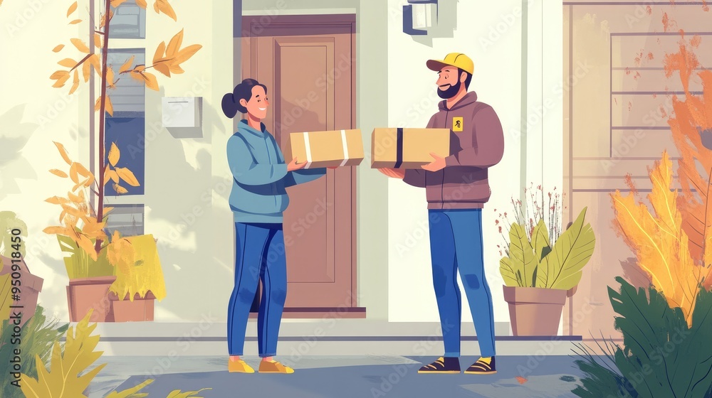 A courier handing a package to a customer at their doorstep ...