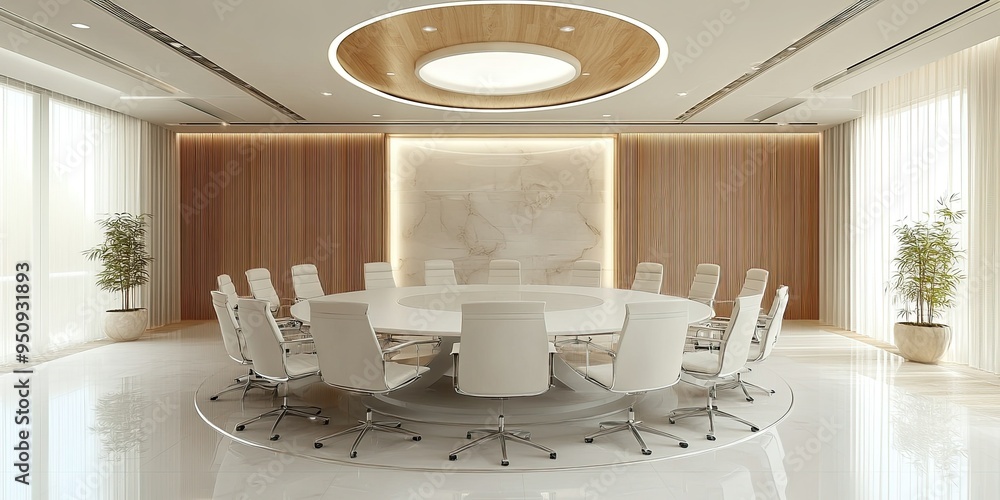 contemporary design of white meeting room with round table glass and ...