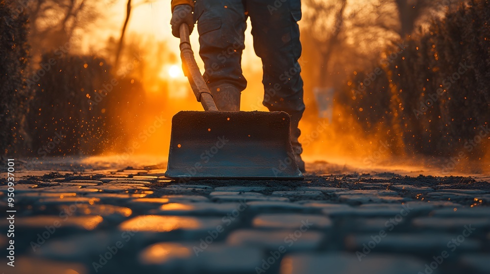 Construction worker using a plate compactor on a cobblestone path ...