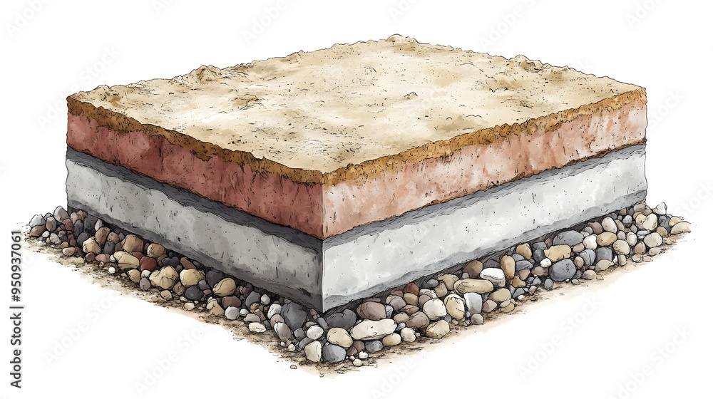 Cross-section of a construction site showing layers: compacted base and ...
