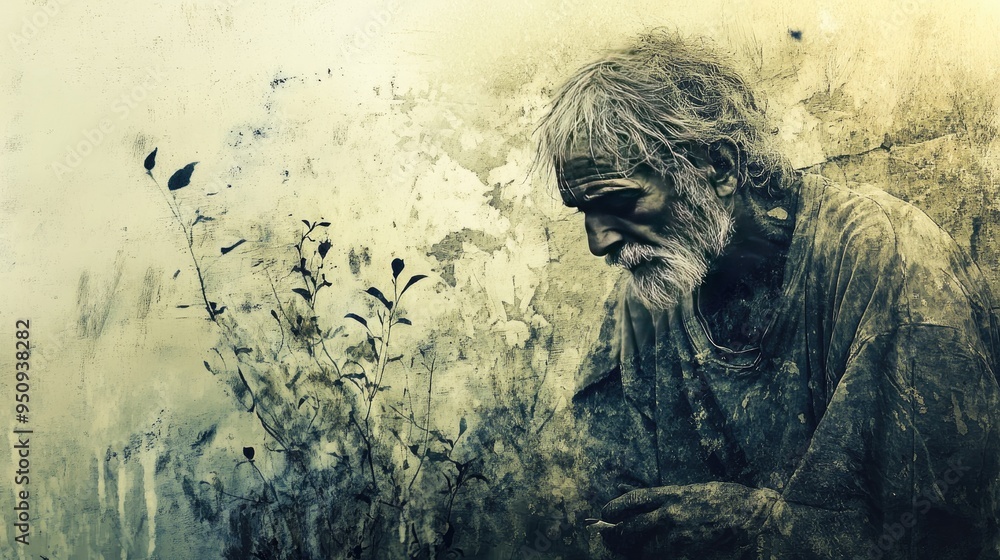 Abstract depiction of a homeless person, blending despair and hope ...