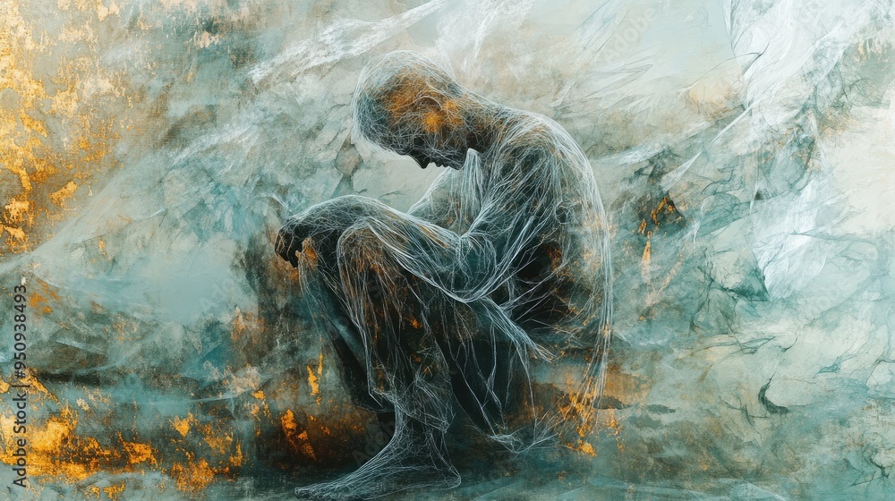 Abstract depiction of a transparent homeless figure, with a dynamic ...