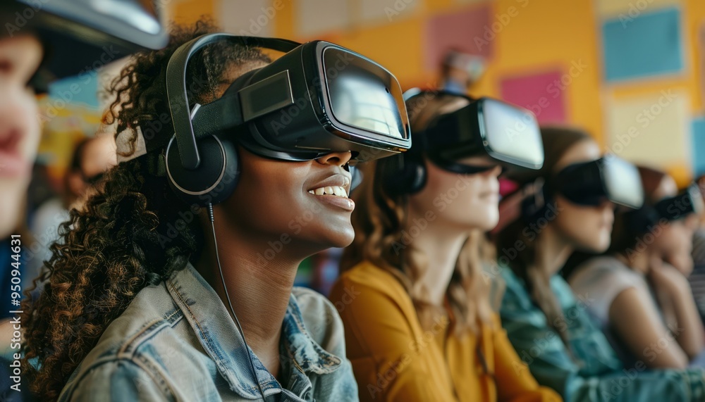 Students immersed in virtual reality technology in a classroom ...