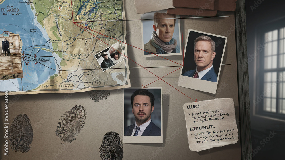 Detective board with fingerprints, photos, map, and clues connected by ...
