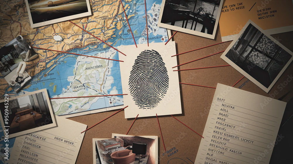 Detective board with fingerprints, photos, map, and clues connected by ...