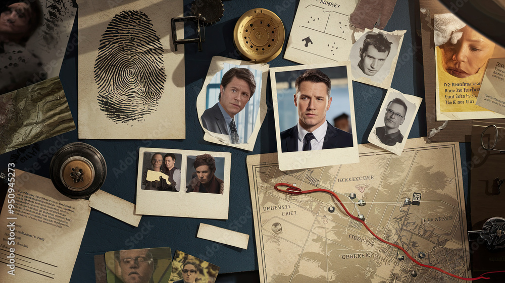 Detective board with fingerprints, photos, map, and clues connected by ...