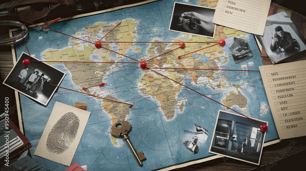 Detective board with fingerprints, photos, map, and clues connected by ...