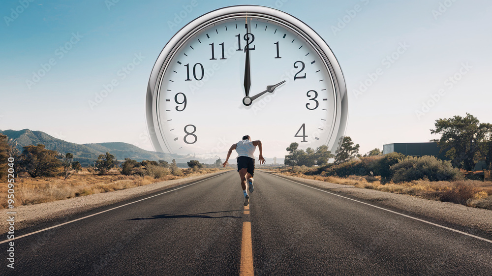 Open road leading to horizon with a man sprinting, floating clock with ...