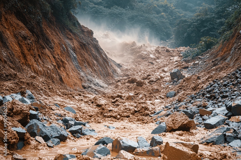 Mudslide Disaster in Mountainous Terrain Stock Photo | Adobe Stock