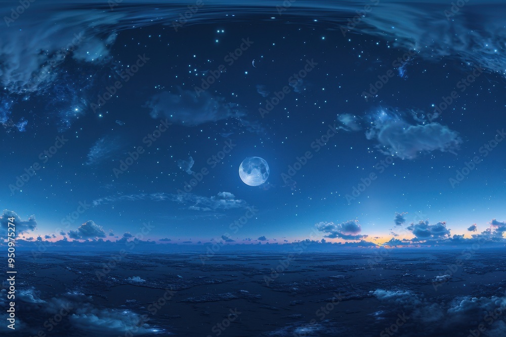 HDRI 360 panorama of dark blue sunset sky with moon and milky way ideal ...