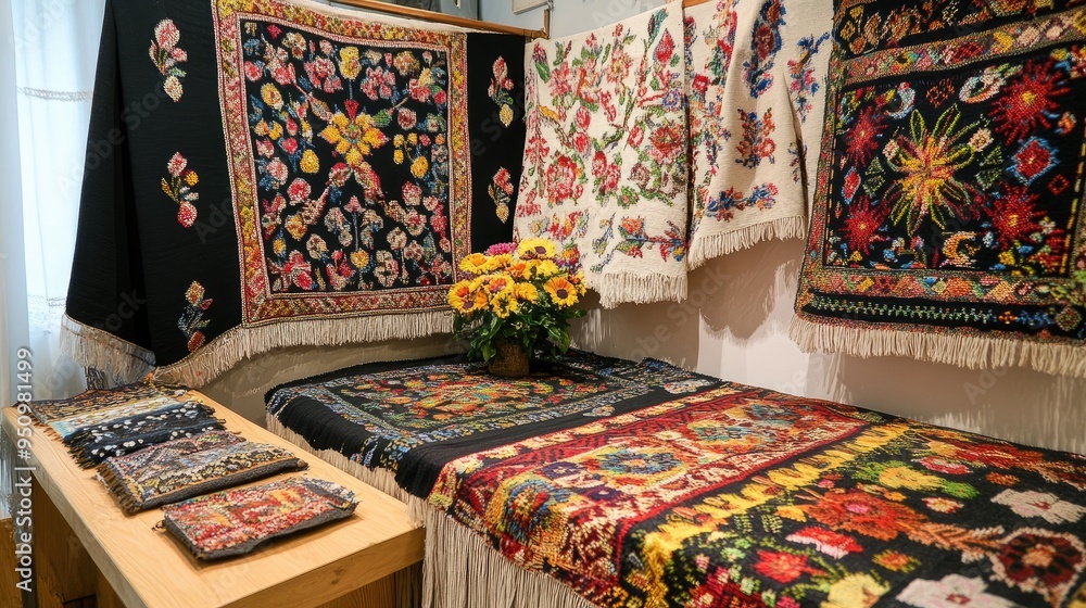 A display of Romanian traditional textiles with detailed embroidery ...
