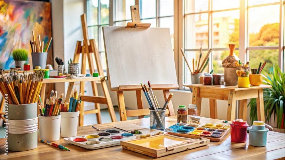 Artist workspace with various painting supplies and tools including ...