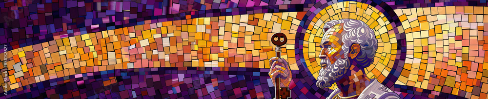 A vibrant mosaic of Saint Peter holding the keys to heaven, set against ...