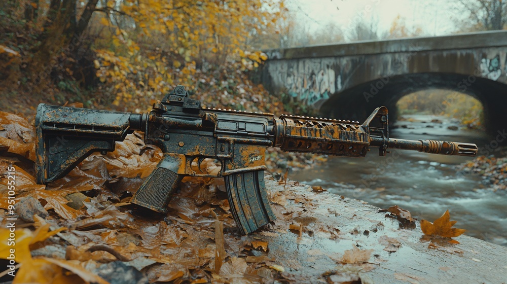 Autumnal Ambush: A black and gold AR-15 rifle rests on a bed of fallen ...