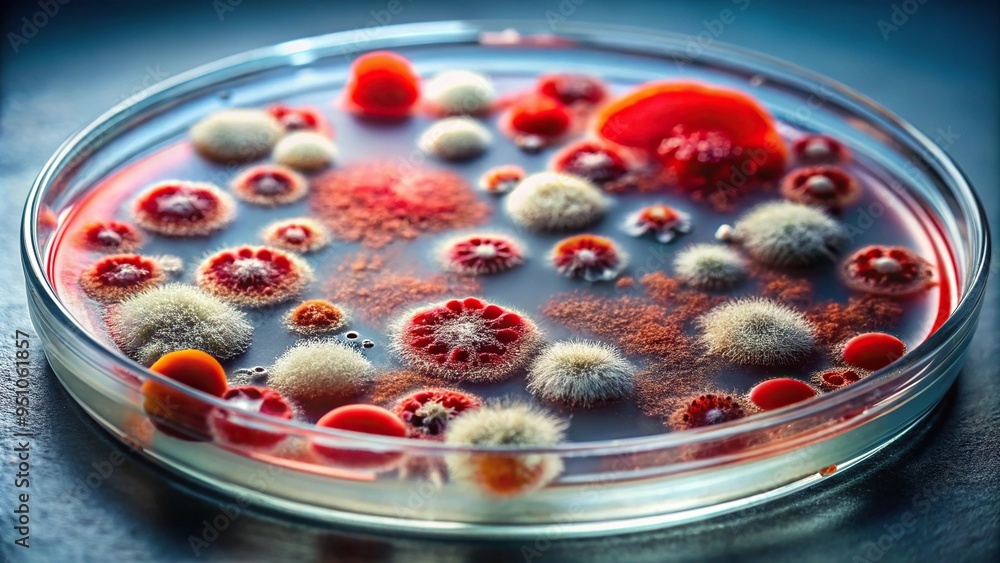 Study of mold and bacteria in a petri dish with red agar showing mold ...