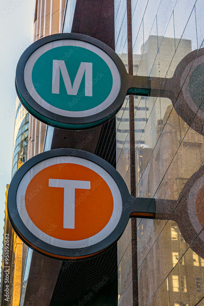 Close-up of Train and Metro Sign, in Sydney, Australia. Round Green and ...