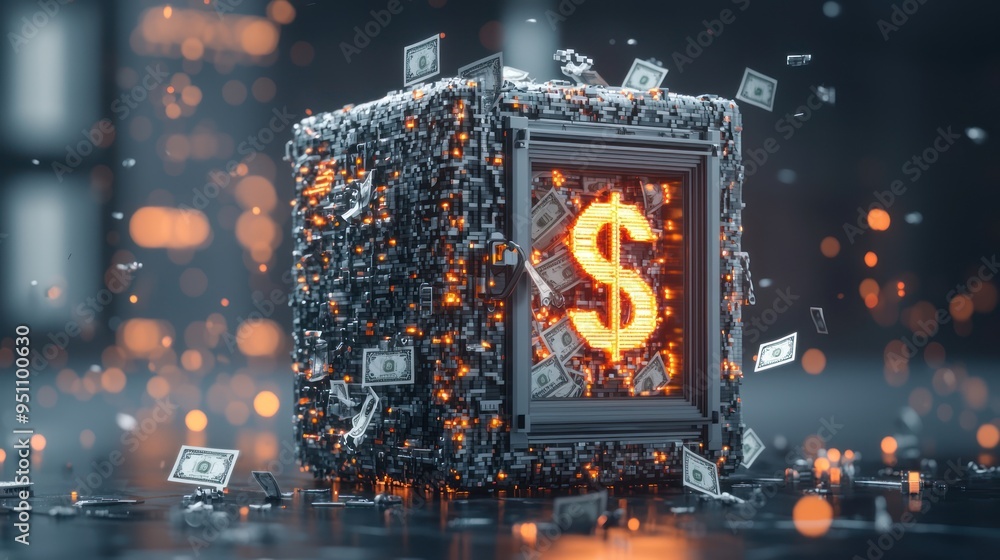Glowing Digital Safe with Floating Currency Signs - High-Quality 8K C4D ...