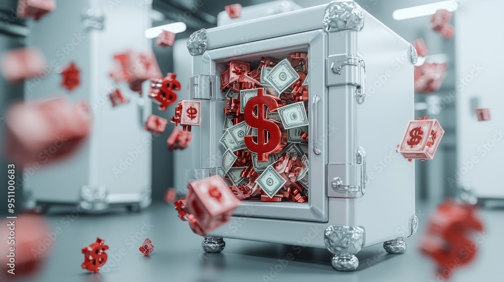 Illuminated Digital Safe with Floating Currency Signs - Conceptual ...