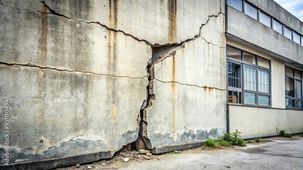 Cracked concrete building wall at the corner affected by earthquake ...