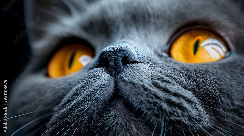 Closeup portrait of a fluffy British Shorthair cat with a round face ...