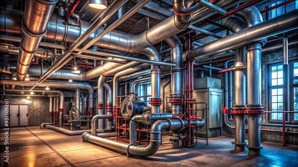 Rugged industrial interior with exposed pipes and metallic accents in ...