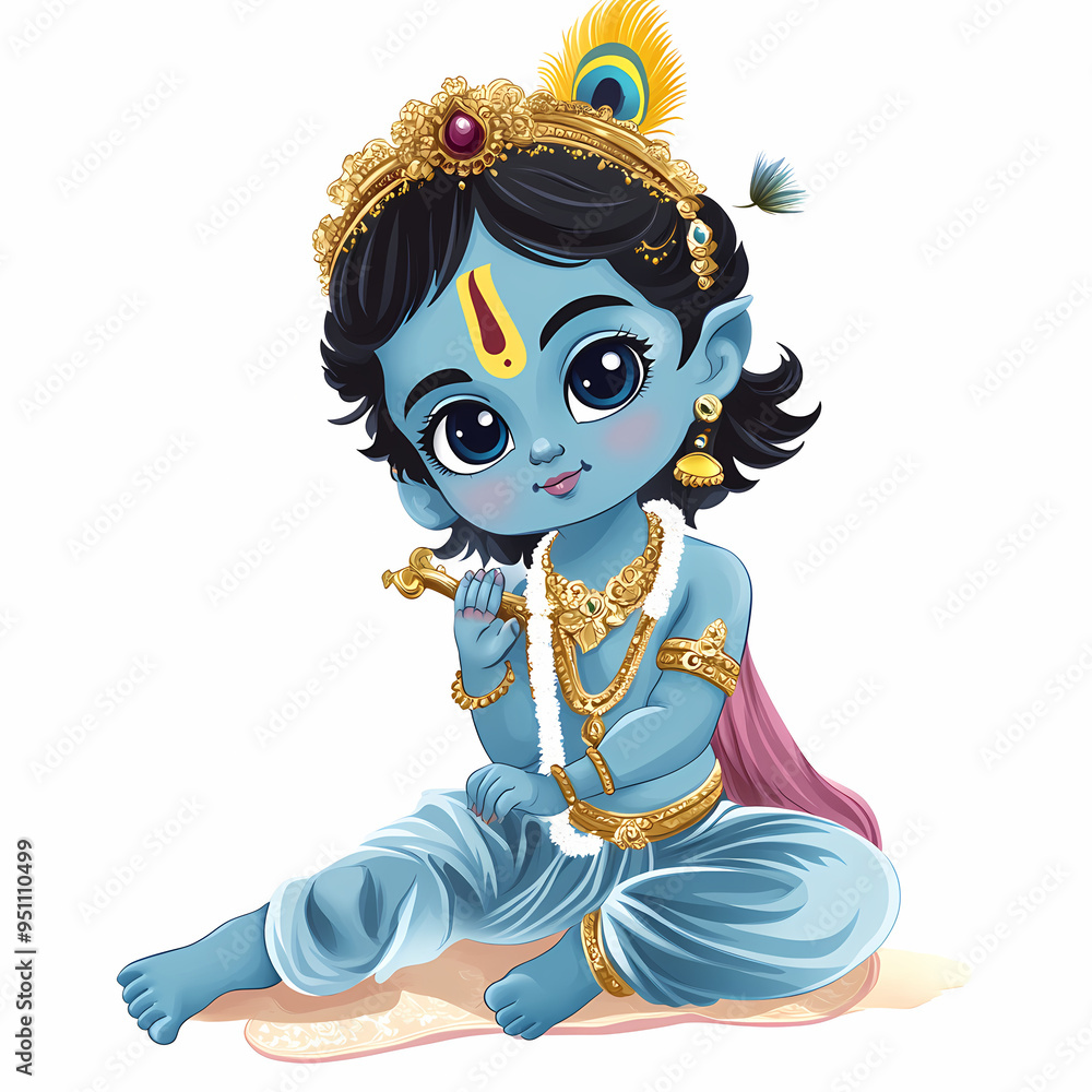 Cute little baby Krishna with sacred cow. Hindu god Lord Krishna with ...