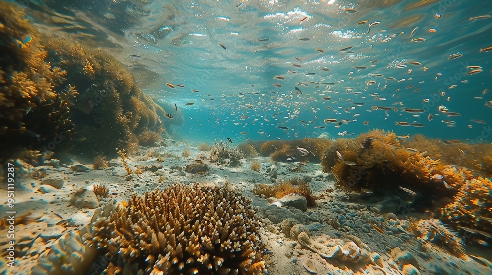 Lush underwater coral landscape with an array of coral types and swarms ...