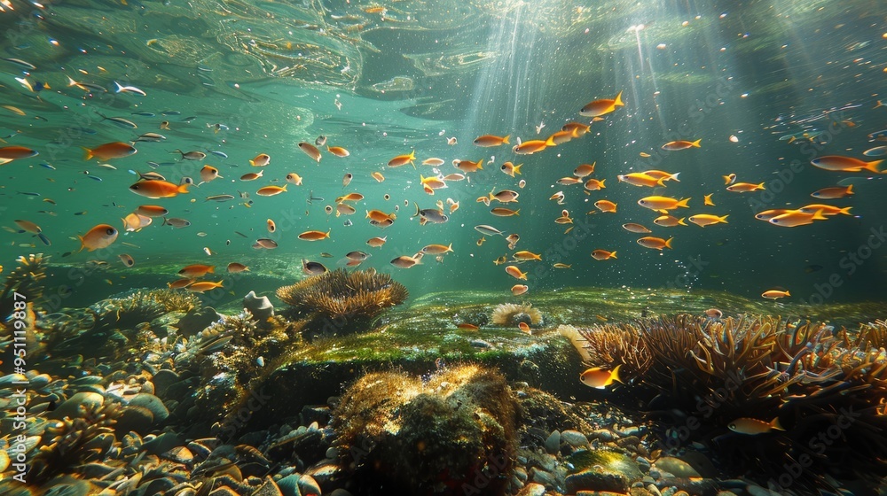 Lush underwater coral landscape with an array of coral types and swarms ...