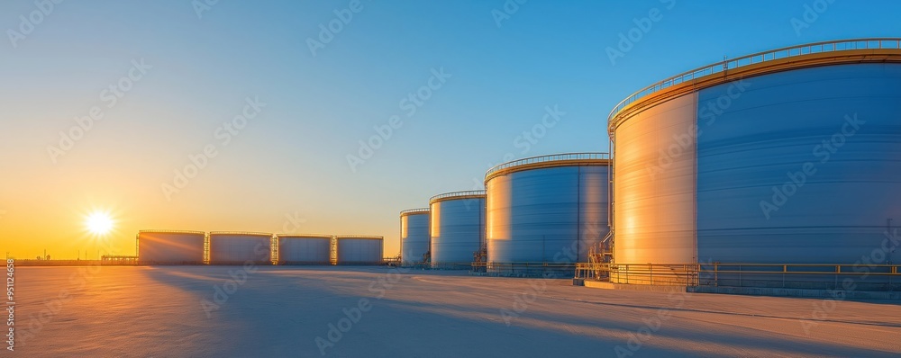 Industrial oil storage depot with giant steel tanks under a clear sky ...