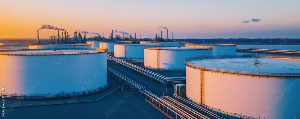 High-tech oil storage tanks surrounded by safety barriers and pipelines ...