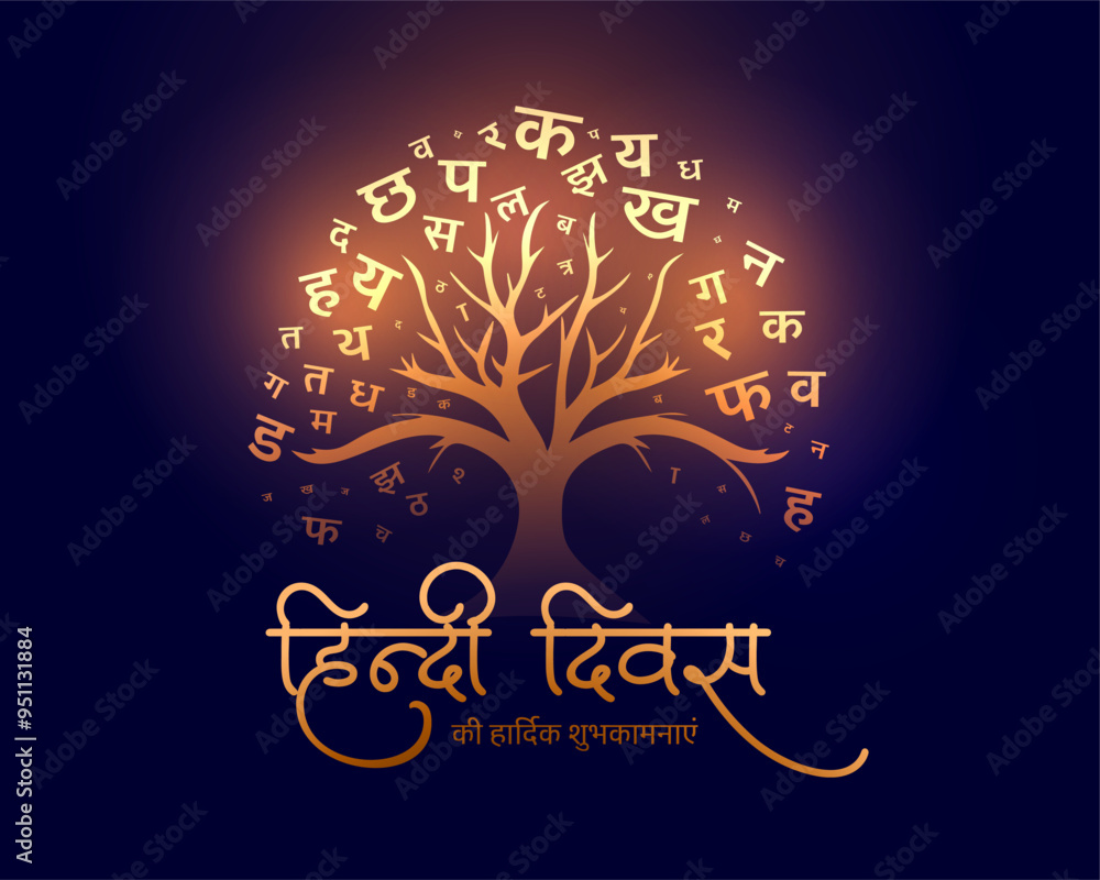 golden hindi letters tree for hindi diwas day event celebration Stock ...