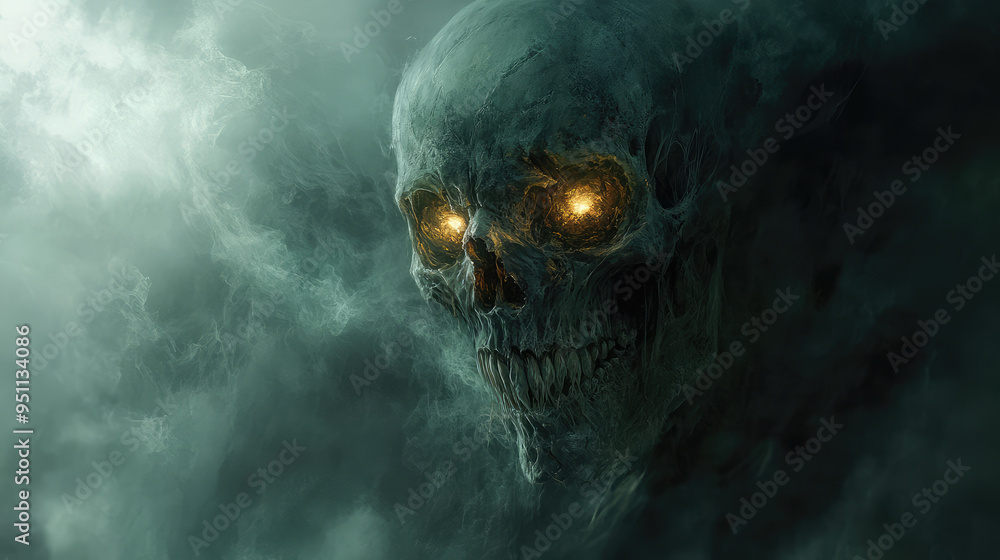 A grotesque mask featuring rotting flesh and visible bones, with ...