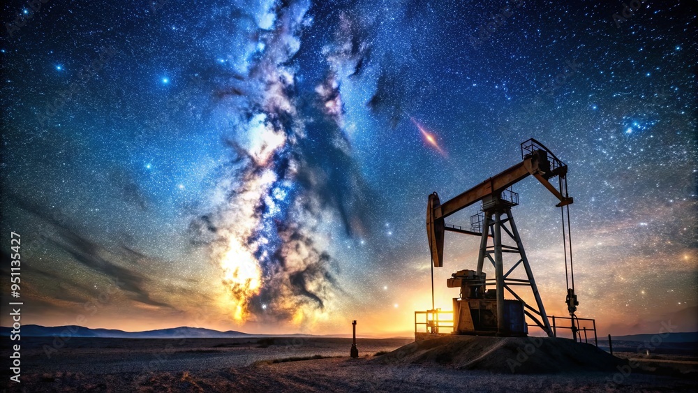 Lonely oil rig under a starry night sky, symbolizing energy extraction ...