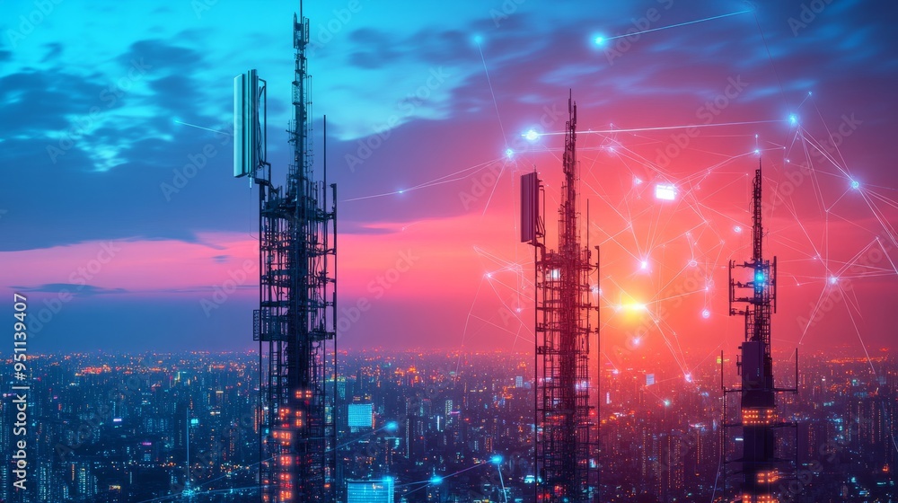Silhouettes of cell towers against a neon sky with a network of light ...