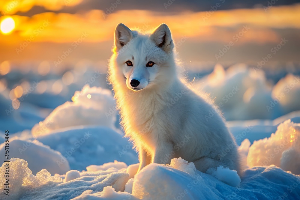 Chukchi Sea in June, intimate portrait of arctic fox, snow-white fur ...