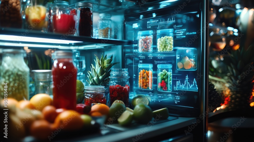 Smart fridge interface, digital touchscreen, showing food inventory ...