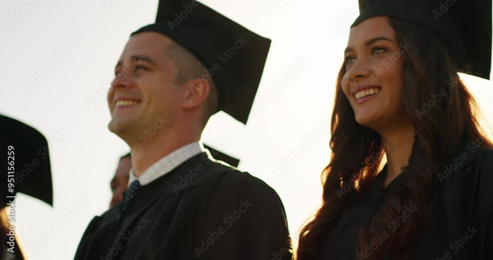 Graduation cap, students and group celebration for success, learning ...