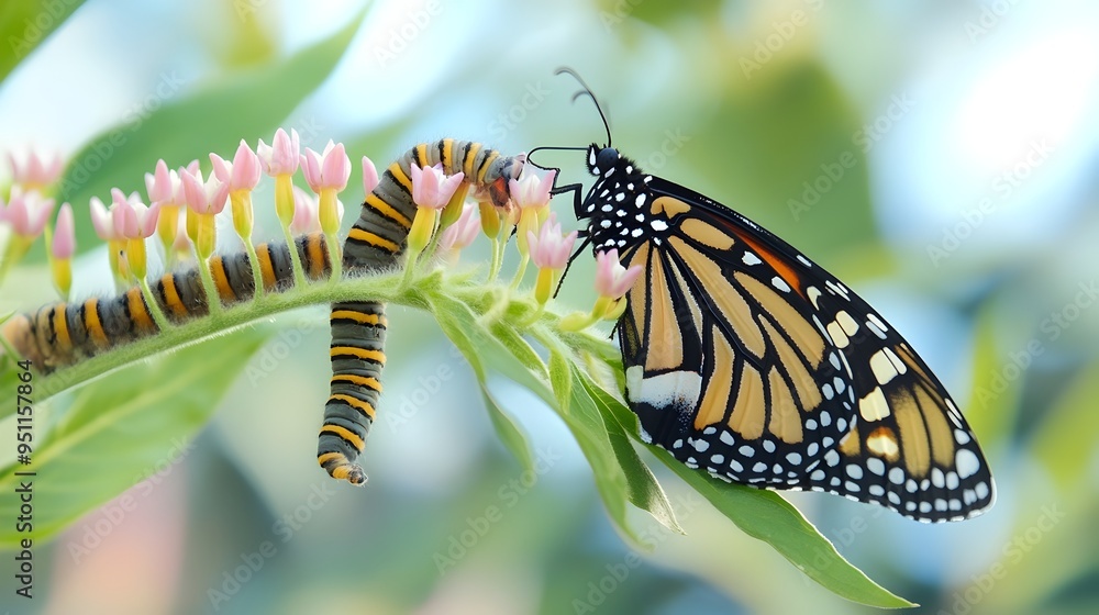 Monarch Butterfly with Caterpillar Offspring on Vibrant Milkweed Plant ...