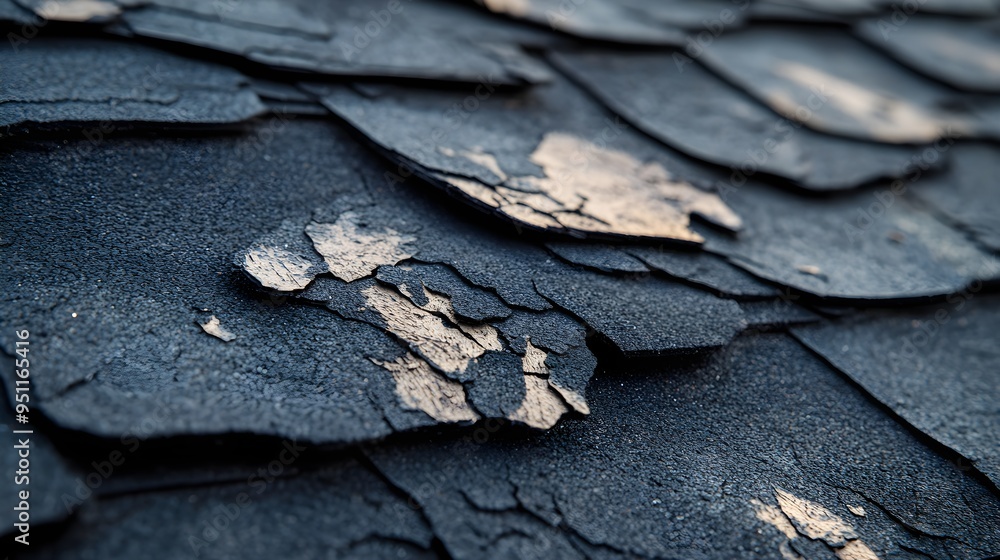 Zoomed-in shot of asphalt shingles showing severe hail damage, with ...