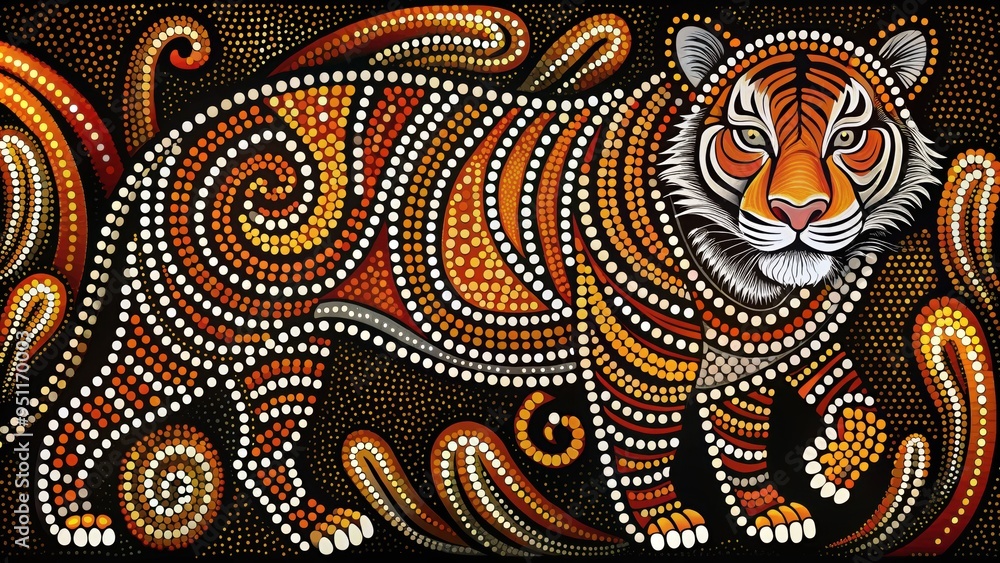 Aboriginal dot art style painting of a tiger, Aboriginal, dot art ...