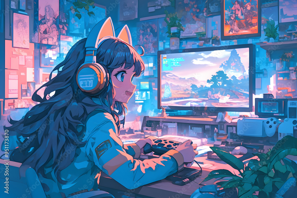 Gamer Girl: Girl playing a retro video game on an old TV with oversized ...