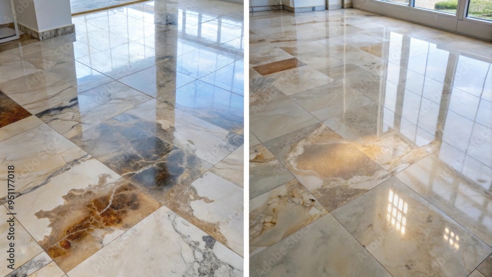 Before and after process of removing oil stains from an indoor marble ...