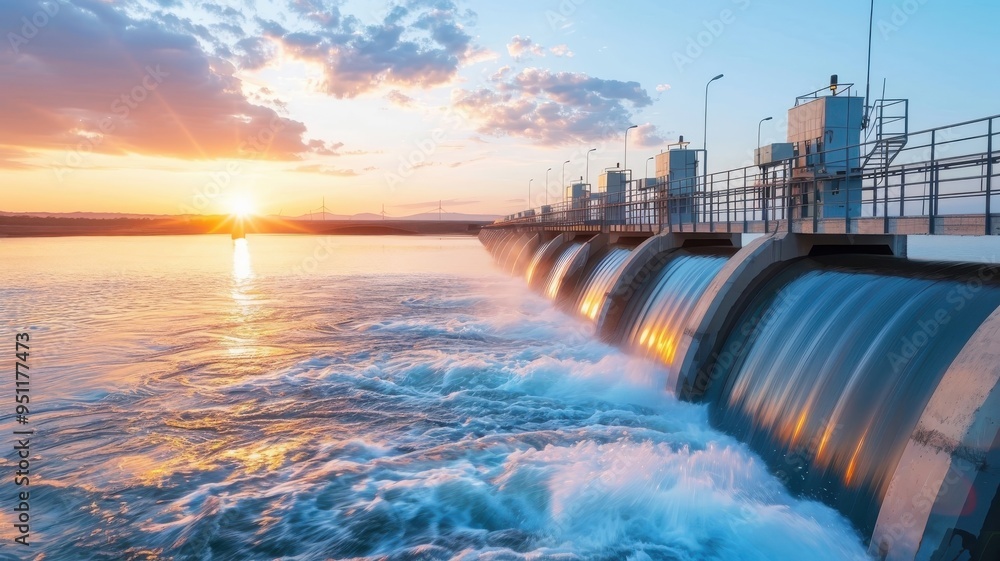 Sunset casting long shadows over a hydroelectric dam, highlighting its ...