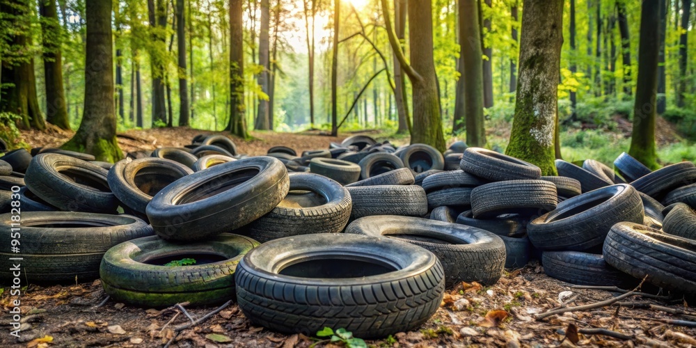Trash in nature Discarded old tires dumped in a forest, pollution ...