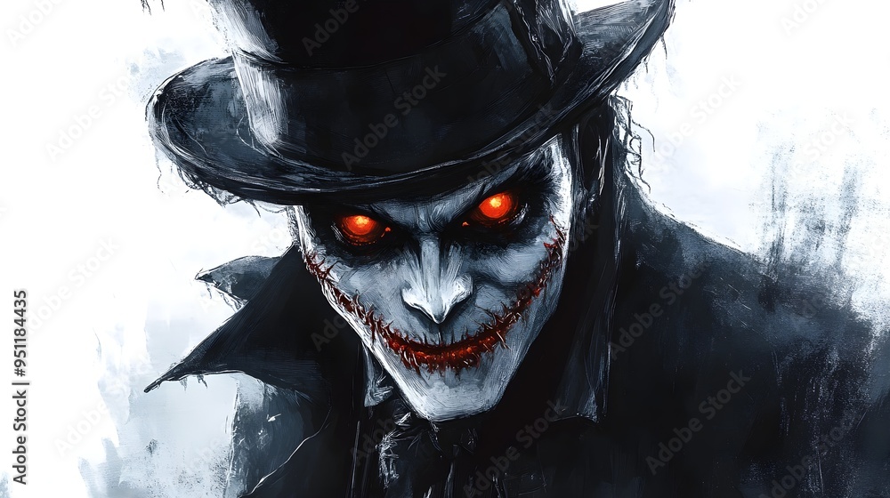 Creepy ringmaster with a twisted top hat and eerie Halloween masks ...