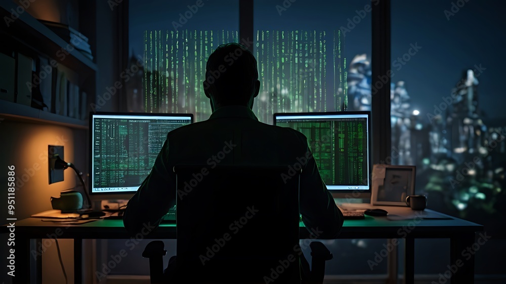 Poster back view silhouette shadow of a programmer man using a laptop ...