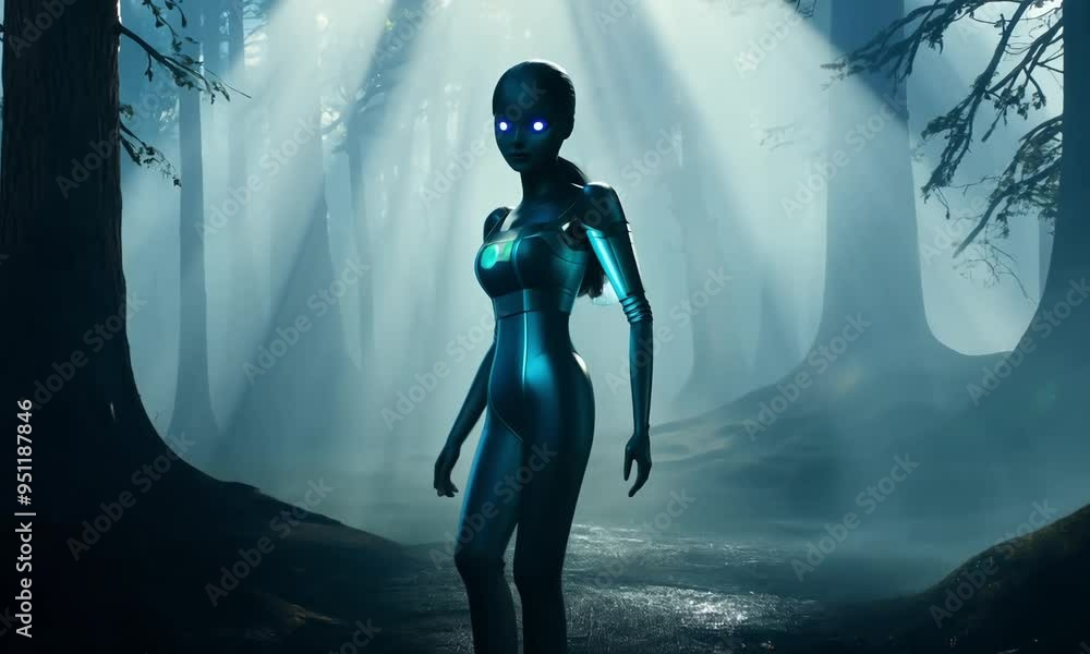 Female AI robot talks, looks at camera. Realistic 3D computer generated ...