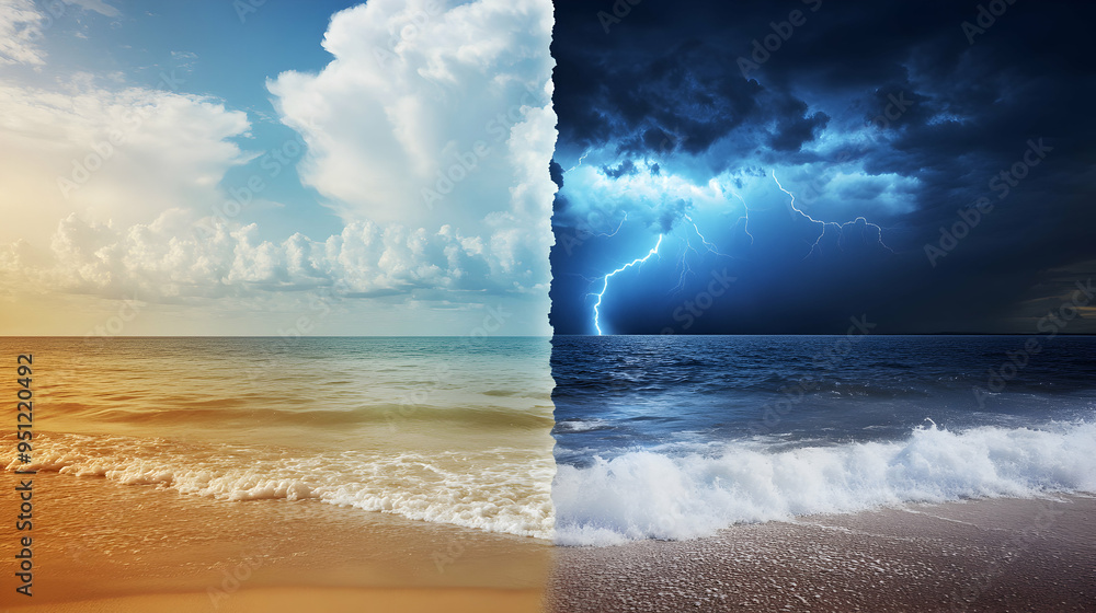 A split image showing one half of a calm, sunny beach with clear blue ...